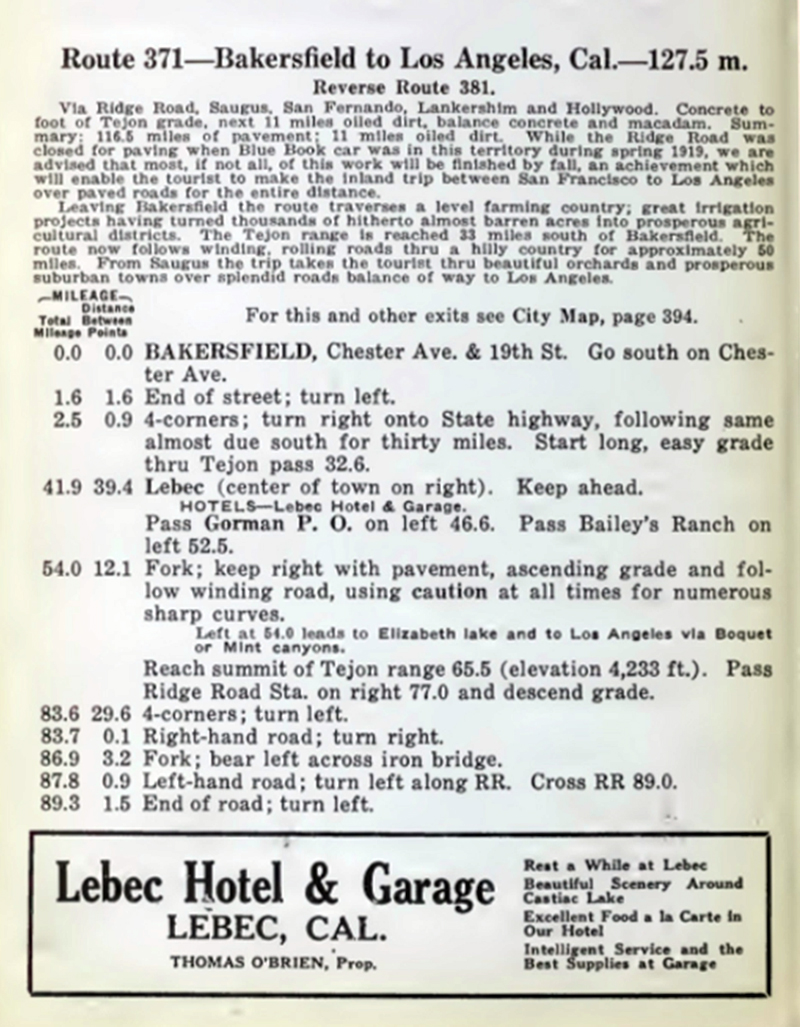 SCVHistory.com | Roads | Local Driving Routes, 1920: L.A.-Bakersfield ...